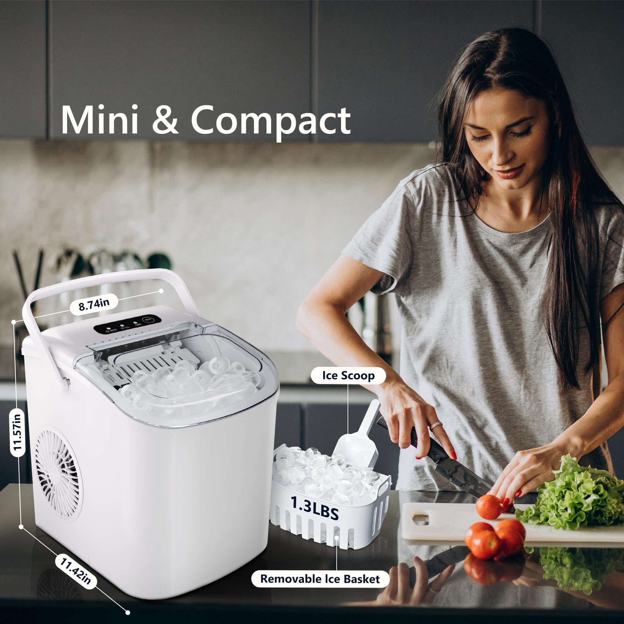 ICEVIVAL Countertop Portable Ice Maker Machine with Handle, 26lbs/Daily, 9 Ice Ready in 6 Mins, Self-Cleaning Ice Makers Countertop with 1.3lbs Basket and Scoop for Home, Kitchen, Camping, RV (White)