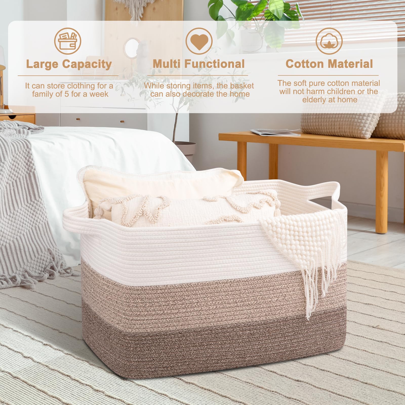 OIAHOMY Extra Large Blanket Basket, 90L Cotton Rope Woven Laundry Basket, Toy Basket for Baby Room, Basket for Blanket Storage in Living Room, 24''×16.5''×14'', Gradient Brown