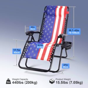 Colorsoul Zero Gravity Chairs Set of Two, Outdoor Adjustable Folding Reclining Lounge Chairs, with Head Pillow and Holder Tray, for Poolside Backyard and Beach (American Flag)