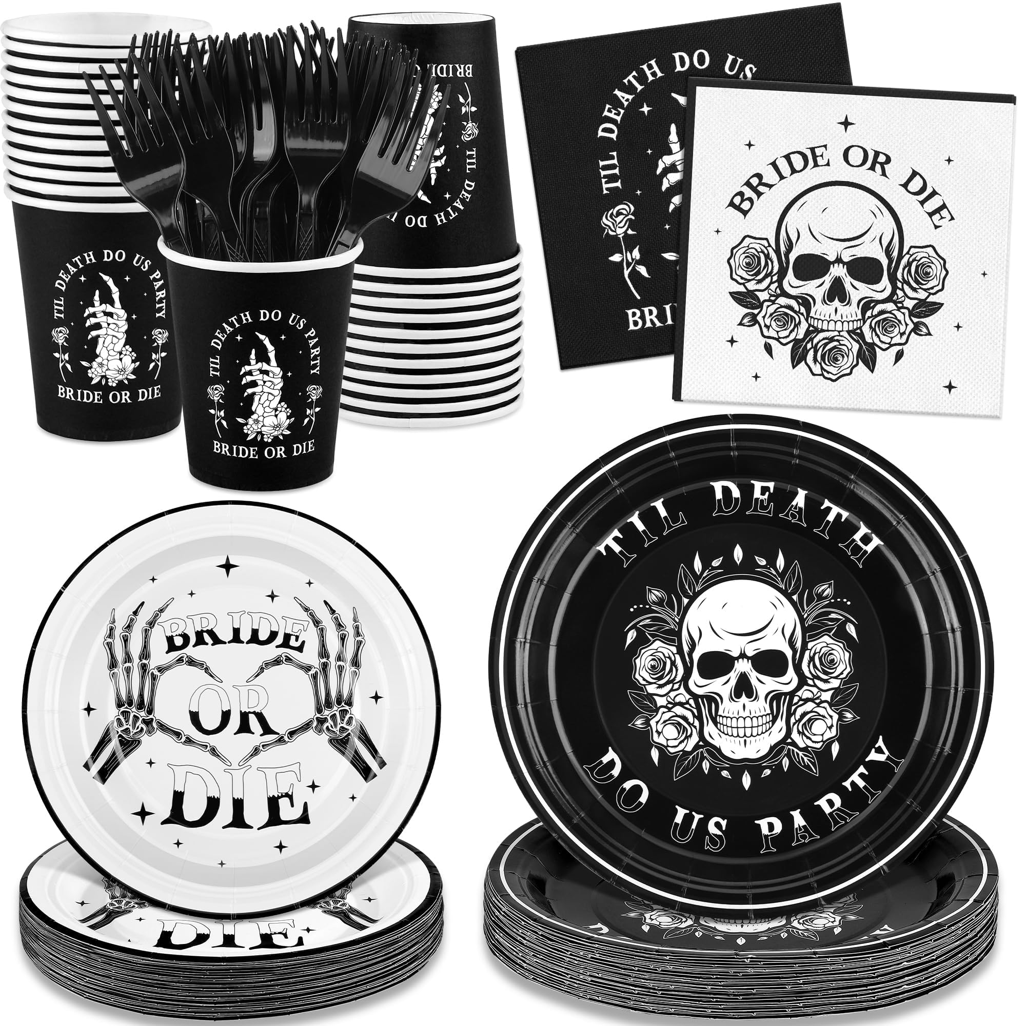 durony 144 Pieces Bride or Die Paper Plates and Napkins Dinnerware Set Halloween Party Tableware Includes Paper Plates Napkins Forks Serve 24 for Bachelorette and Halloween Party Supplies