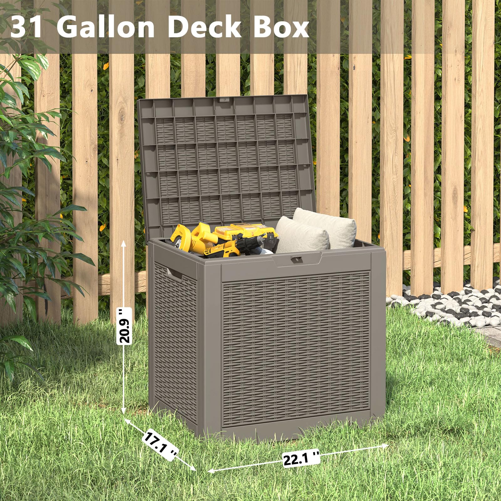 LHBGO 31 Gallon Deck Box, Waterproof Outdoor Storage Box Resin Deck Box Lockable, Lightweight Storage Deck Box for Garden Tools, Supplies