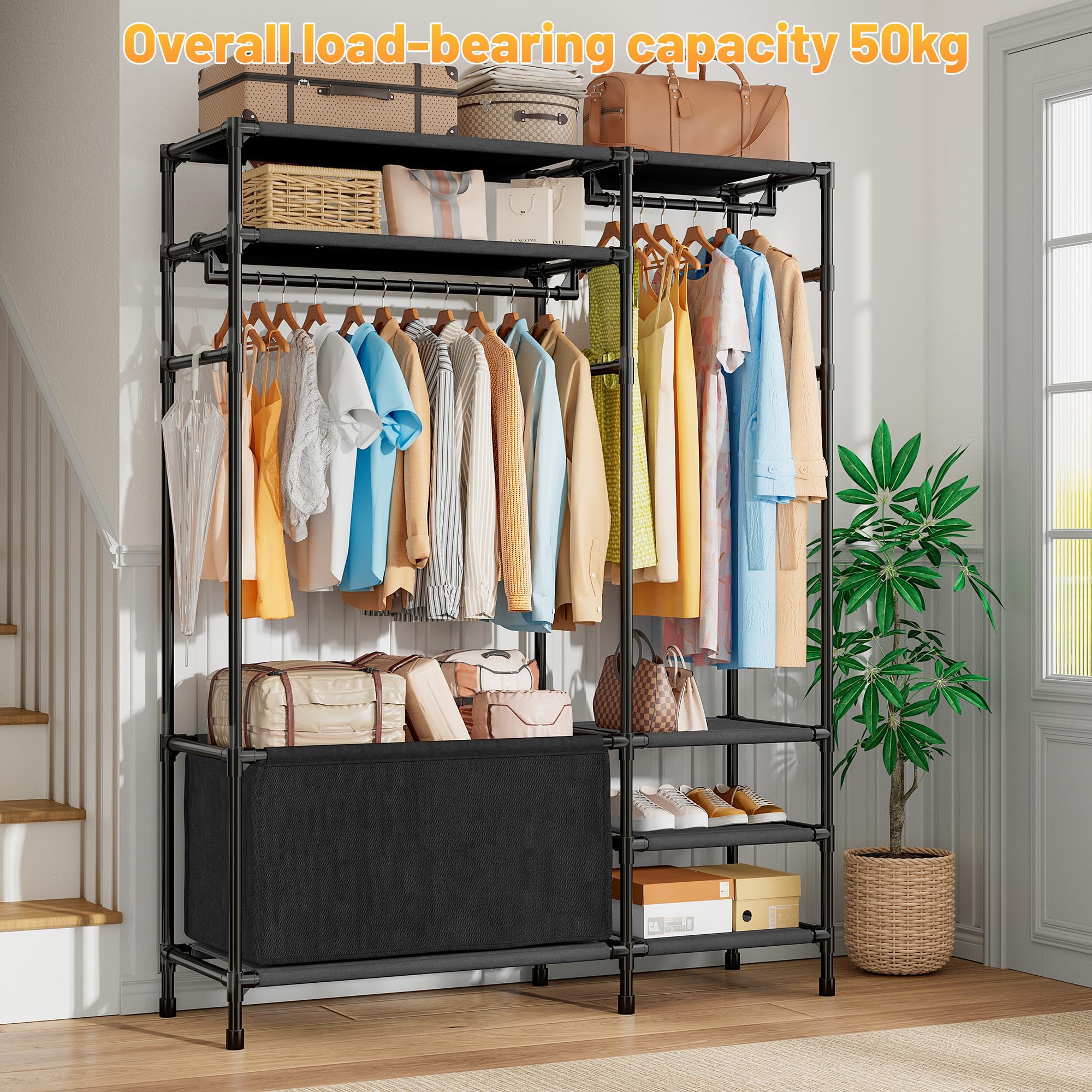 Raybee Clothing Rack, Portable Clothes Rack with Large Storage Bag Closet Rack for Storage Shoes, Clothes, Quilts, Bags, Clothing Racks for Bedroom, Cloakroom, Entryway 41.9" W x16.1 D x 67.6" H