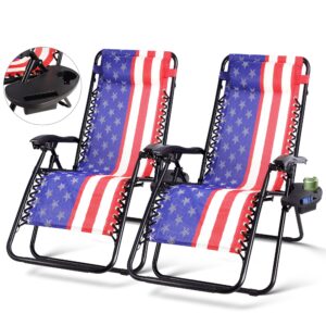 colorsoul zero gravity chairs set of two, outdoor adjustable folding reclining lounge chairs, with head pillow and holder tray, for poolside backyard and beach (american flag)