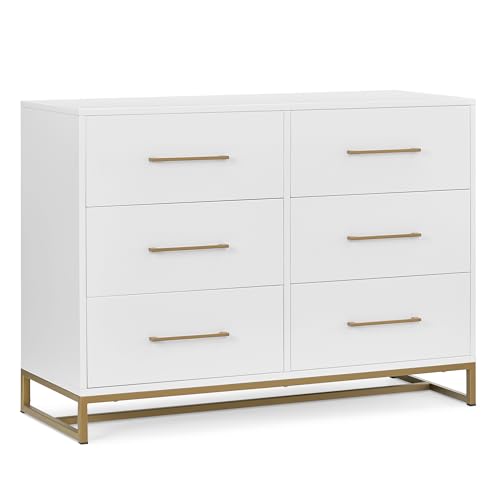 Delta Children Jade 6 Drawer Dresser with Interlock Drawer System, Bianca White/Melted Bronze