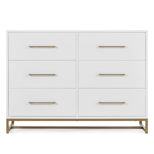 Delta Children Jade 6 Drawer Dresser with Interlock Drawer System, Bianca White/Melted Bronze