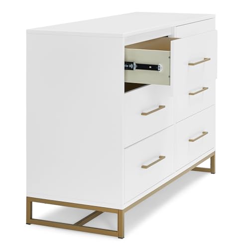 Delta Children Jade 6 Drawer Dresser with Interlock Drawer System, Bianca White/Melted Bronze