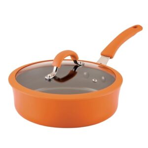 rachael ray cook + create nonstick cookware saute pan with lid, 3 quart - orange