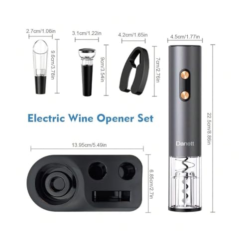 Danett Automatic Electric Wine Opener Gift Set 5in1, Electric Wine Bottle Corkscrew+Foil Cutter+Pourer+Vacuum Stoppers+Base,AL alloy body+Rose gold Buttons Anti-fingerprint,Blue Light Bin-Grey