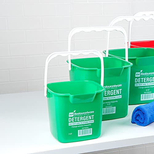 Restaurantware RW Clean 3 Quart Cleaning Bucket 1 Detergent Square Bucket - with Measurements Built-in Spout and Handle Green Plastic Utility Bucket for Home Or Commercial Use (Pack of 2)