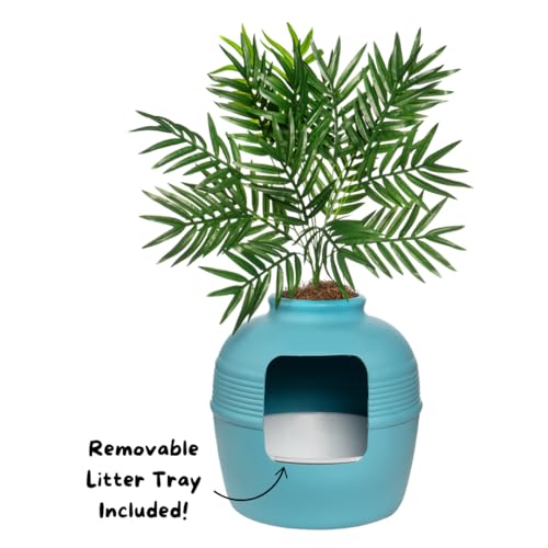 Good Pet Stuff Hidden Litter Box & Reusable Liner Essentials Kit, Round Enclosed Cat Planter Furniture, Fake Plant, Hooded Vented Carbon Filter System for Odor Control, Easy to Clean, Caribbean Blue