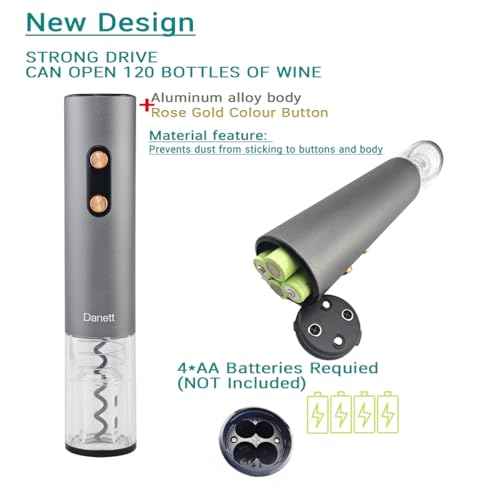 Danett Automatic Electric Wine Opener Gift Set 5in1, Electric Wine Bottle Corkscrew+Foil Cutter+Pourer+Vacuum Stoppers+Base,AL alloy body+Rose gold Buttons Anti-fingerprint,Blue Light Bin-Grey