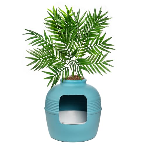 Good Pet Stuff Hidden Litter Box & Reusable Liner Essentials Kit, Round Enclosed Cat Planter Furniture, Fake Plant, Hooded Vented Carbon Filter System for Odor Control, Easy to Clean, Caribbean Blue