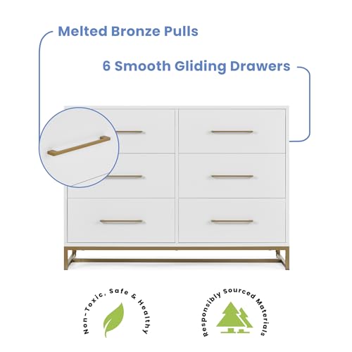 Delta Children Jade 6 Drawer Dresser with Interlock Drawer System, Bianca White/Melted Bronze