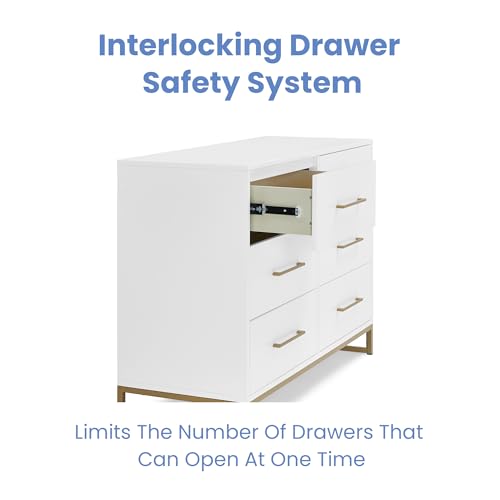 Delta Children Jade 6 Drawer Dresser with Interlock Drawer System, Bianca White/Melted Bronze