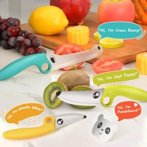 ZLemma Kids Knife Set for Real Cooking with Educational Ring & Panda Finger Guard for Boys & Girls Cutting, Kids Chef Knife Stainless Steel Blade for Kitchen Cutting-Cool-toned