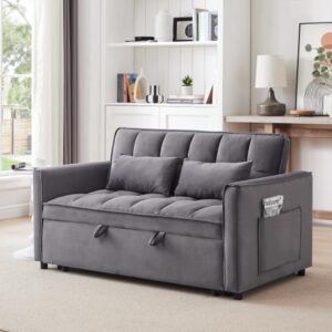 LUMISOL 3 in 1 Sleeper Sofa Couch Bed with Pillows, 55.1” Velvet Convertible Double Sofa Bed with Adjustable Back and Storage Packets, Pull Out 2-Seater Sleeper for Living Room, Dark Grey