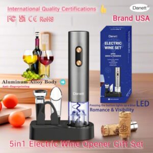 Danett Automatic Electric Wine Opener Gift Set 5in1, Electric Wine Bottle Corkscrew+Foil Cutter+Pourer+Vacuum Stoppers+Base,AL alloy body+Rose gold Buttons Anti-fingerprint,Blue Light Bin-Grey