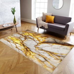 white and gold marble area rugs, 5x7ft stylish chic aesthetic kid pet friendly indoor rugs soft non slip washable accent carpet for living room bedroom entrance hardwood floor decor