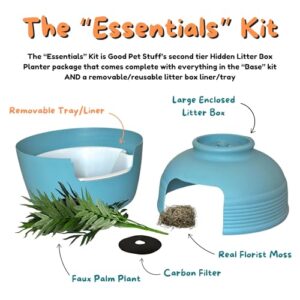 Good Pet Stuff Hidden Litter Box & Reusable Liner Essentials Kit, Round Enclosed Cat Planter Furniture, Fake Plant, Hooded Vented Carbon Filter System for Odor Control, Easy to Clean, Caribbean Blue