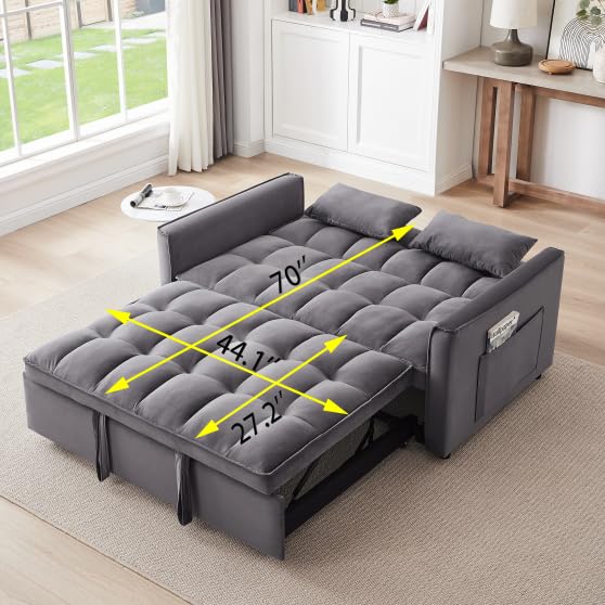 LUMISOL 3 in 1 Sleeper Sofa Couch Bed with Pillows, 55.1” Velvet Convertible Double Sofa Bed with Adjustable Back and Storage Packets, Pull Out 2-Seater Sleeper for Living Room, Dark Grey