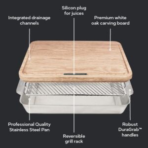 ooni Medium 15" x 10" Roasting Pan - Non Stick Stainless Steel Roasting Tray with Rack and Wooden Carving Meat Board, Ovensafe Cookware, Roaster Tin