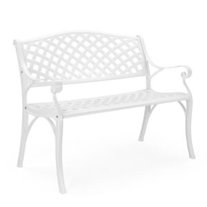 vingli 40.5" outdoor bench patio garden bench, anti- rust cast aluminum patio bench front porch bench for yard lawn entryway deck (white)