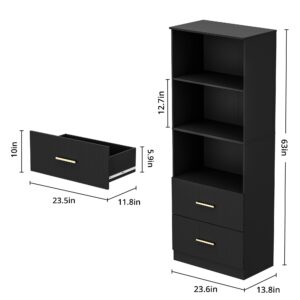 Housoul Black Bookshelf with Drawers, 63" Tall Bookshelf with Storage, 3 Shelf Bookcase with Adjustable Shelf, 3 Tier Modern Bookshelf, Open Shelves Bookcase, Unique Bookshelf for Bedroom & Office