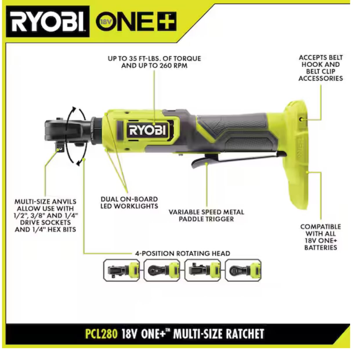 RYOBI ONE+ 18V Cordless Multi Size Ratchet (Tool Only) PCL280B