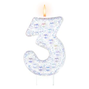 saododku birthday candles, number 3 birthday candle for cake, birthday candles sparklers with holographic colored pearls, 3.35" large pearl candles for three sweet birthday party decoration supplies