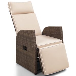 greesum patio recliner all-weather wicker outdoor lounge chair with flip-up side table for balcony, porch, lawn, beige