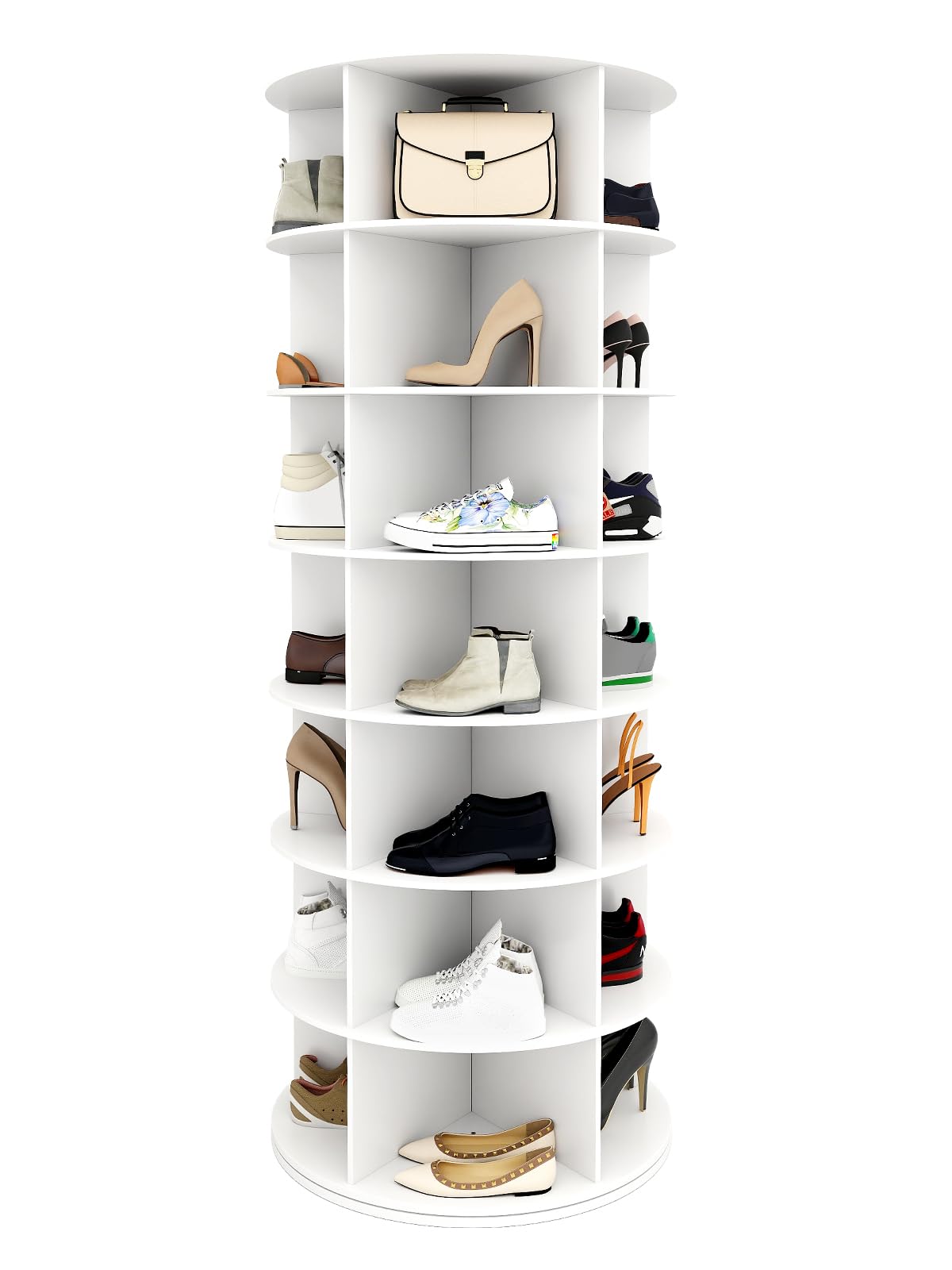 Toemics 7 Tier Rotating Shoe Rack Tower, 360° Spinning Display Lazy Susan Organizer, Holds 35 Pairs, Carousel for Shoes & Handbags, Easy Assembly, Includes 4 PCS Double-Layer Shoe Racks, White