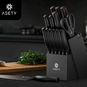 ASETY Knife Set, 15 PCS Kitchen knife Set with Bulti-in Sharpener Block, Stainless Steel Knife Block Set, Dishwasher Safe Knives Sets for Kitchen, Black, Elegant Box