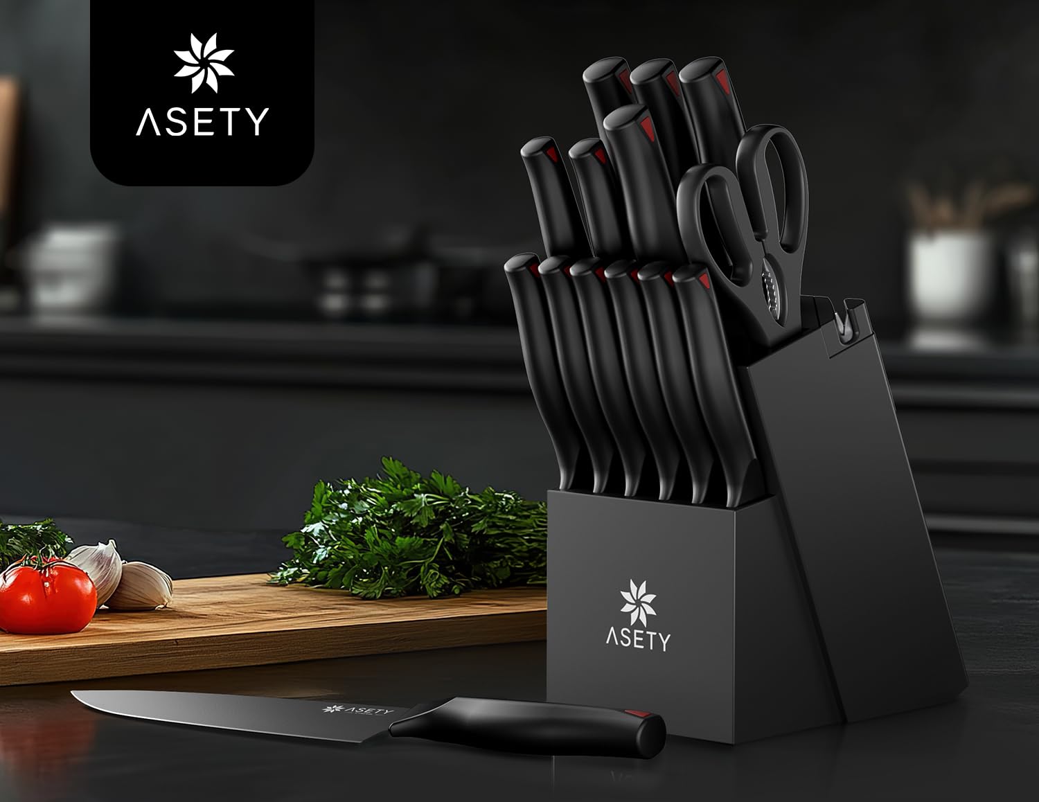 ASETY Knife Set, 15 PCS Kitchen knife Set with Bulti-in Sharpener Block, Stainless Steel Knife Block Set, Dishwasher Safe Knives Sets for Kitchen, Black, Elegant Box