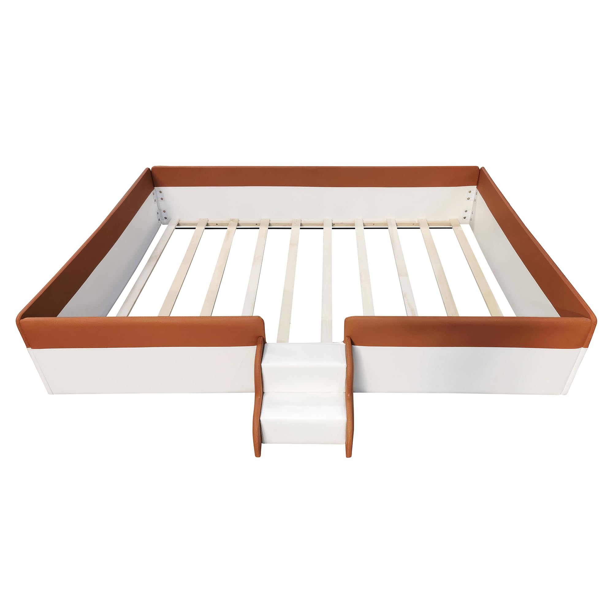 Merax Queen Size Upholstered Kids Daybed Frame with Fence and Stairs, Wood Bed for Living Room, Floor Bed, White+Brown