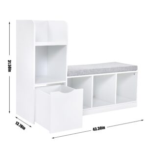 LEZASTAR Kids Reading Nook with Storage, Kids Bookshelf with Bench, Wooden Kids Toy Storage Organizer, Kids Bookcase with Seat Cushion for Bedroom, Playroom, Nursery, White