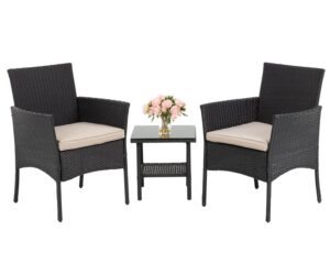 ruesleag patio furniture 3 pieces outdoor wicker patio furniture conversation set patio set bistro table set for backyard porch poolside garden balcony lawn,glass coffee table &rattanchairs set,black