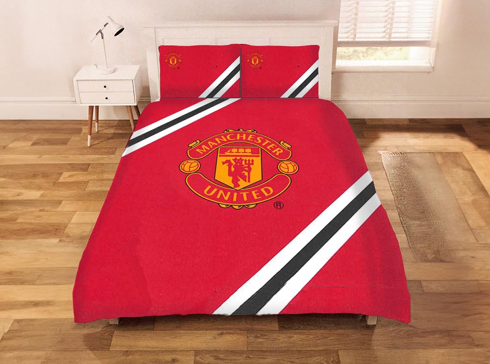 FOCO Officially Licensed Manchester United FC Football Core Stripe Double Duvet Cover Bedding Set