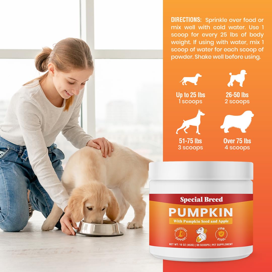 3-in-1 Pumpkin Powder for Dogs (16 oz) - with Organic Pumpkin, Pumpkin Seed, & Apple, All Natural Dog Digestive Support, Great Balance of Soluble and Insoluble Fiber for Dogs, 60 Scoops