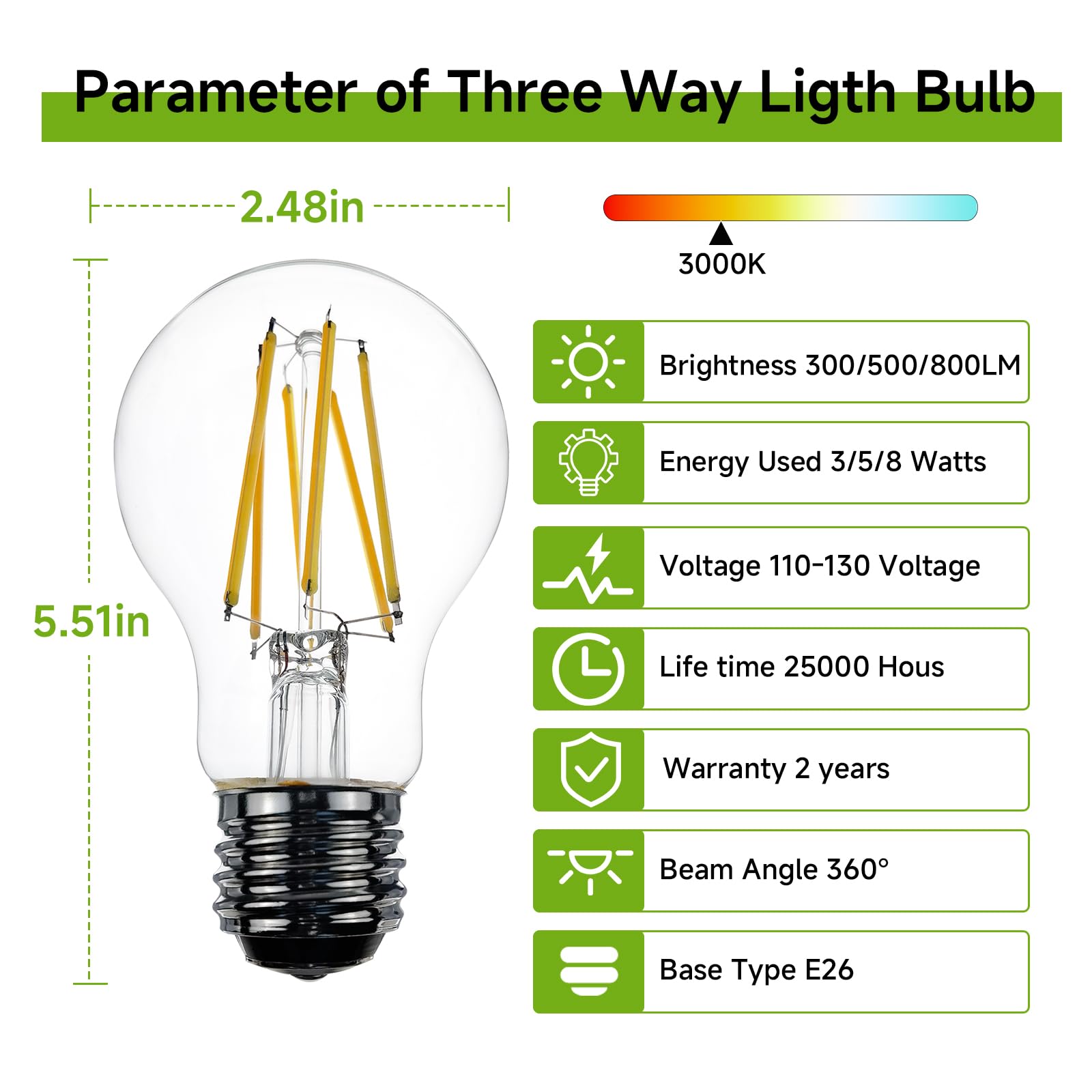 XIAOKALAMI 3 Way Light Bulbs,3 Way Led Light Bulbs 30 50 80W Equivalent, A19 Led Clear Light Bulbs,3000K Soft White, Non-Dimmable,Three Way Light Bulbs E26 Base for Reading,Home Lighting. 2Pack