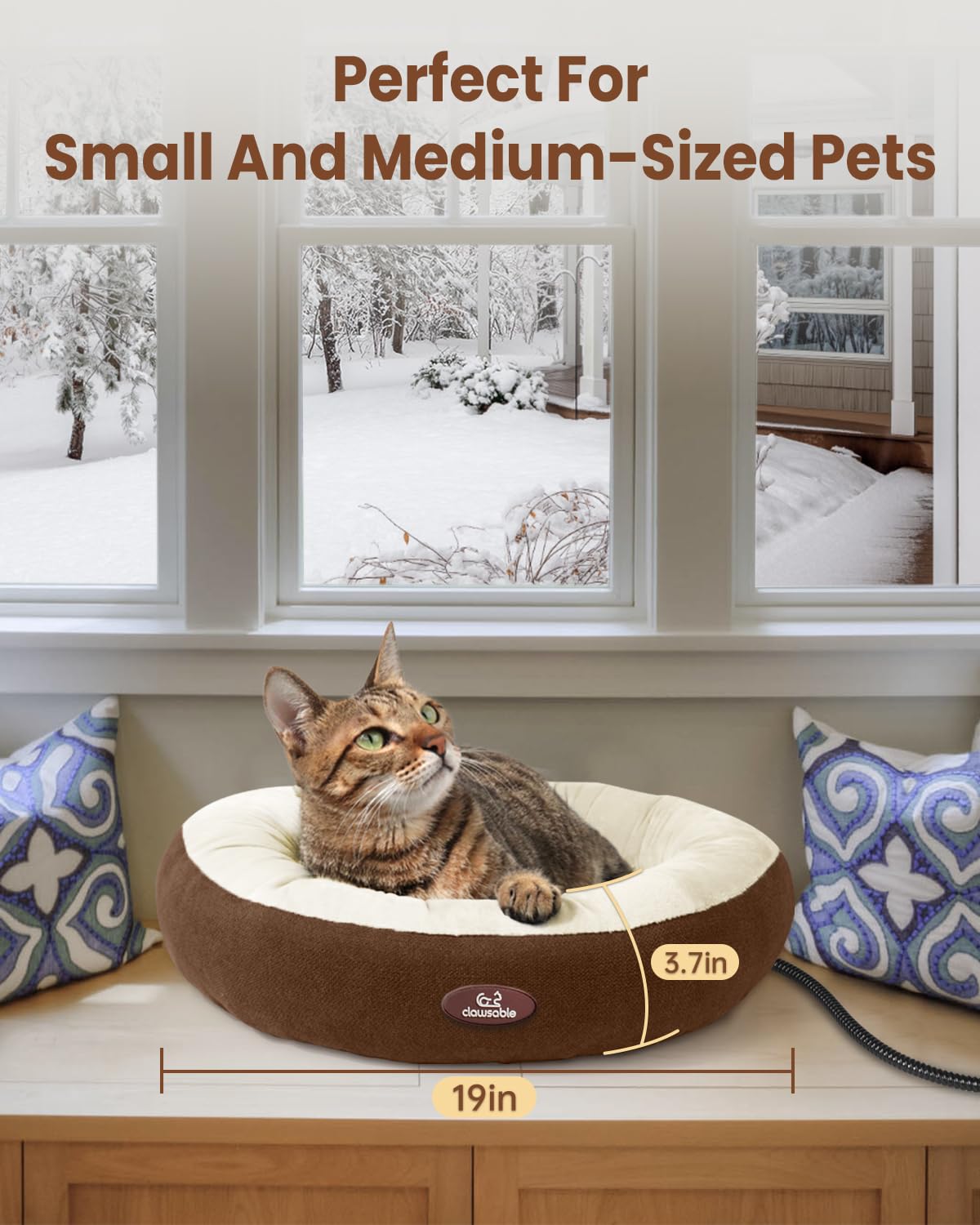 clawsable Heated Cat Bed for Small Medium Size Cats, Super Soft Round Heated Pet Bed with Warming Temperature Cat Bed for Indoor Cats, Electric Cat Heating Bed for Kittens (Beige+Brown)