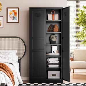 Letaya Black Storage Cabinet with Adjustable Shelves-Metal Home Kitchen Pantry Cabinets with Doors,Organization Locker for Cupboard/Bedroom/Dining/Living/Bathroom/Office/Garage Room