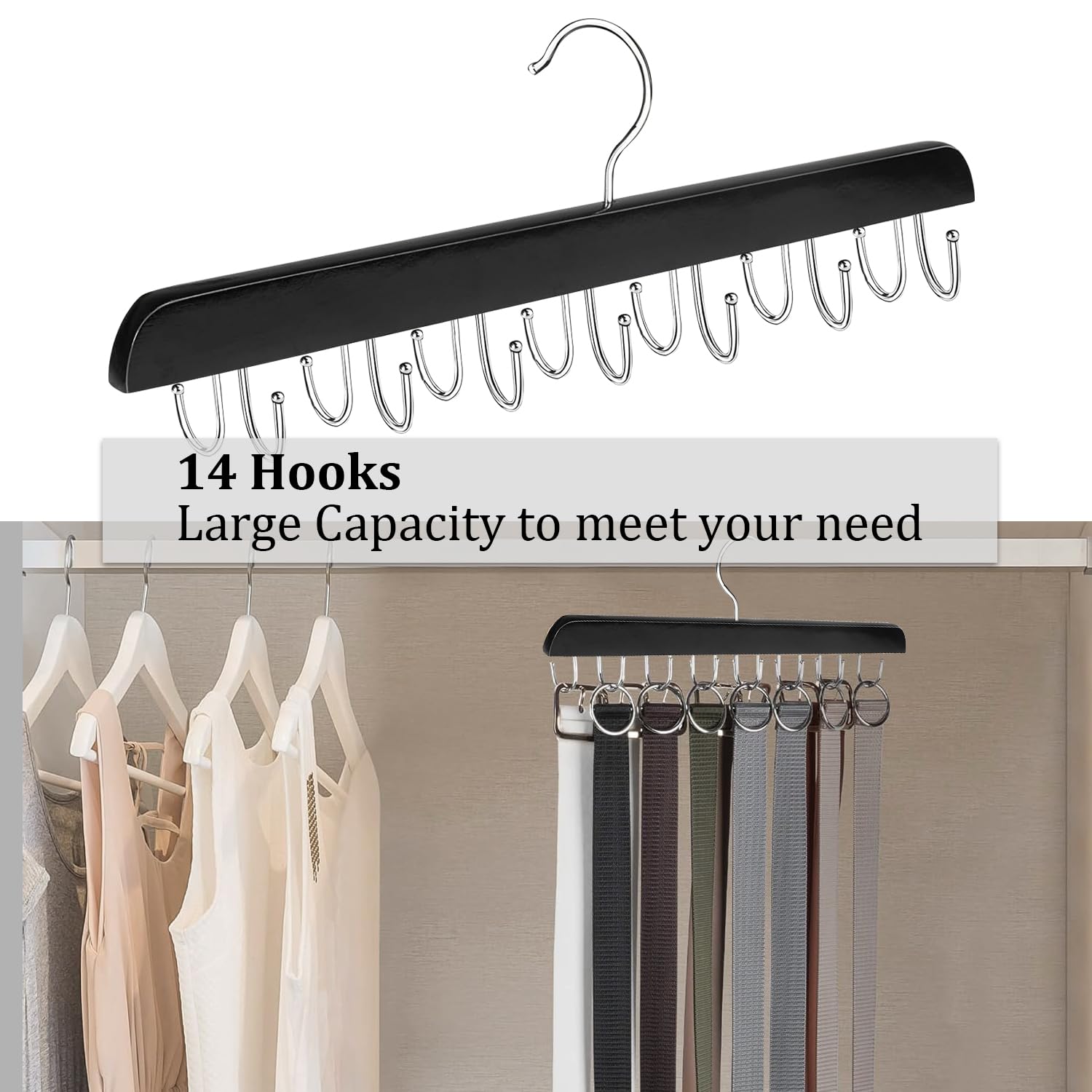 Hoomast Belt Hanger Belt Organizer Tie Rack Tank Top Bra Hanger Tie Hanger Bra Organizer for Closet with 14 Hooks,Upgraded 360°Rotating,Space Saver for Tank Top, Underwear & Tie 1pcs Storage