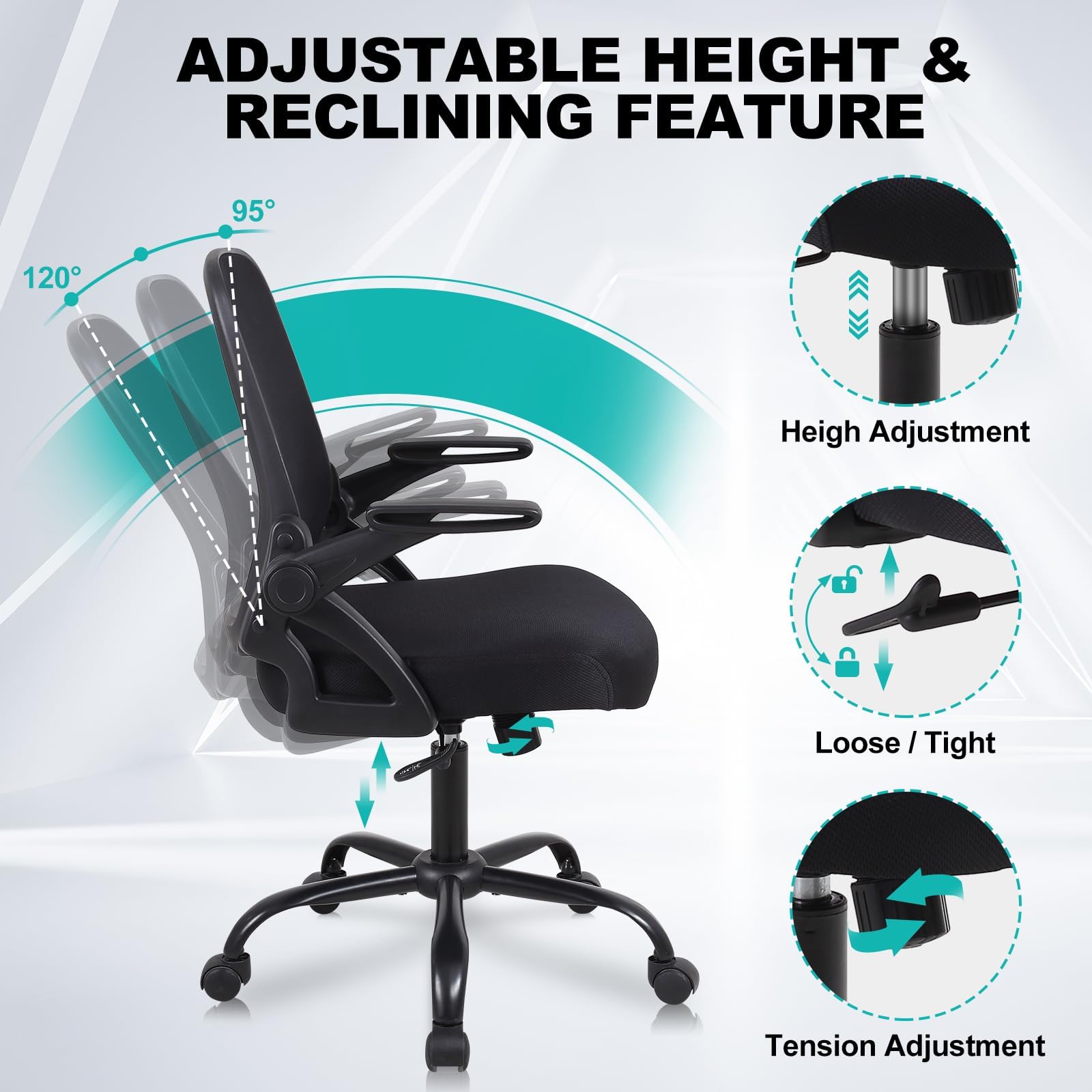 Nusetx Home Office Desk Chair, Adjustable Height Ergonomic Computer Chair with Thick Cushion, Flip-up Armrests, and 360-Degree Swivel - Lumbar Support Mesh Executive Task Chair, 10-Pack