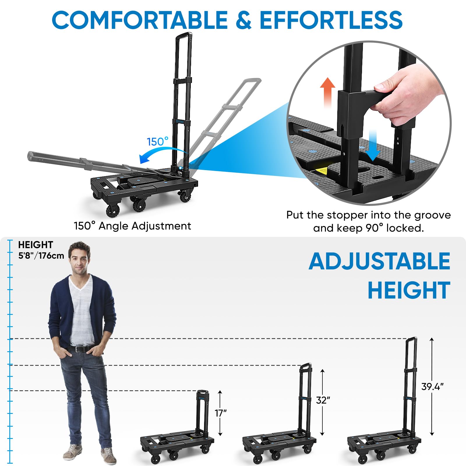 TICONN 330LB Folding Hand Truck Dolly, Portable Heavy Duty Dolly Cart with 7 Tank Wheels, Lightweight Luggage Moving Cart with 2 Brake Wheels for Moving, Shopping, Travel, Office