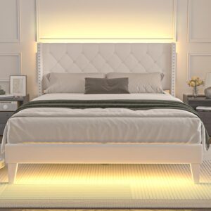 lihimte queen size bed frame with led lights, upholstered velvet platform bed frames with button tufted wingback headboard and footboard, wooden slats support, no box spring needed, beige