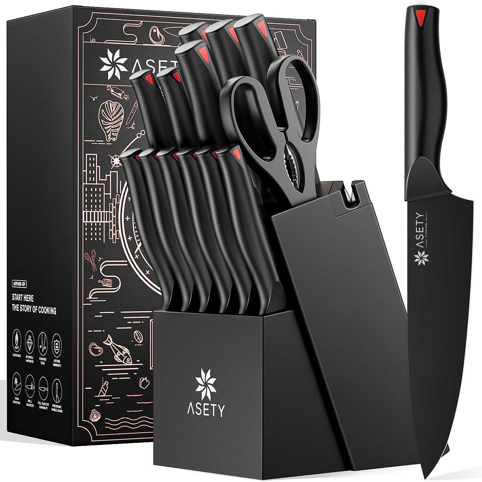 ASETY Knife Set, 15 PCS Kitchen knife Set with Bulti-in Sharpener Block, Stainless Steel Knife Block Set, Dishwasher Safe Knives Sets for Kitchen, Black, Elegant Box