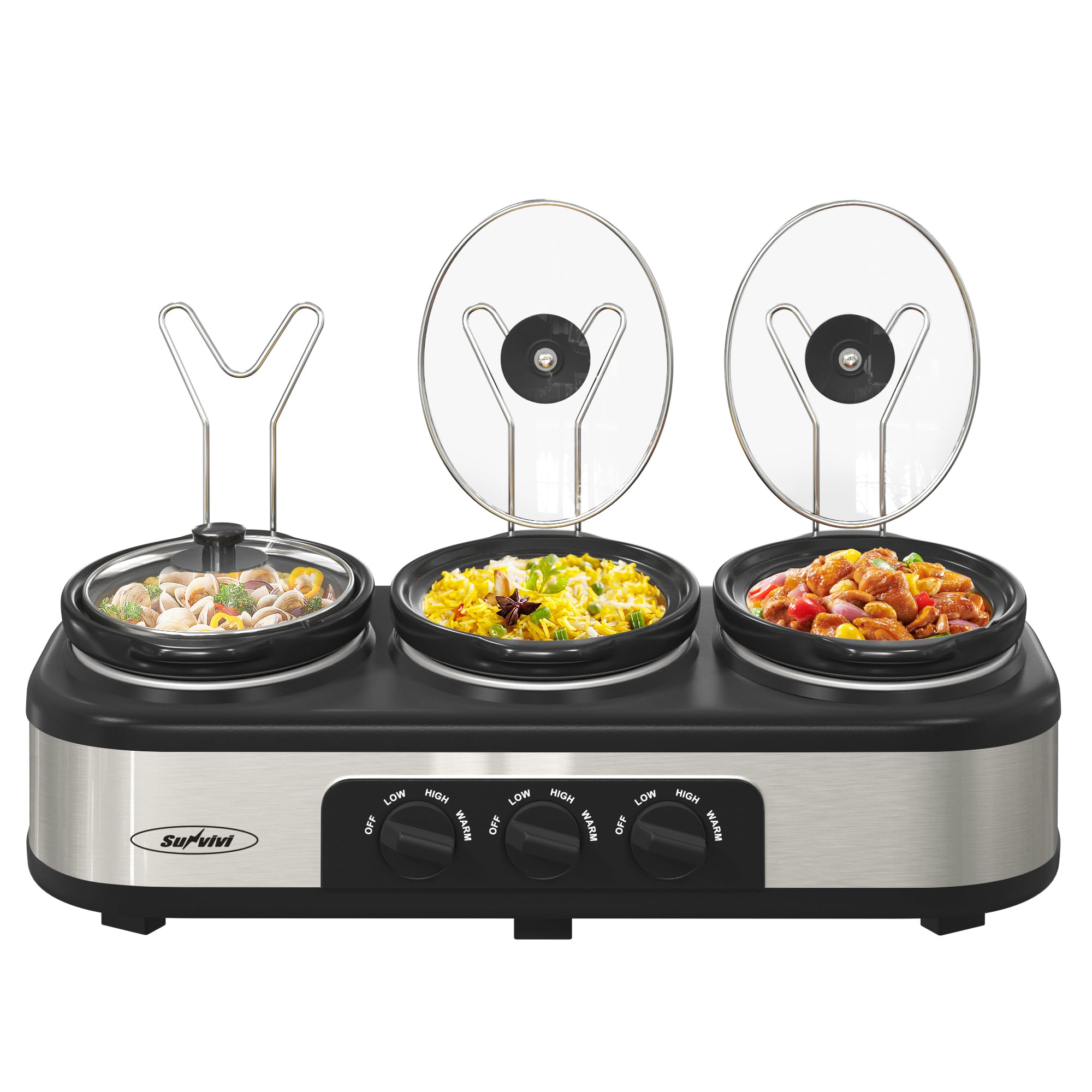 Sunvivi Triple Slow Cooker, Buffet Server & Warmer with 3 Removable Ceramic Pots, 3 Adjustable Temp Settings & 3 Metal Lid Rests, Stainless Steel, 4.5 QT Silver