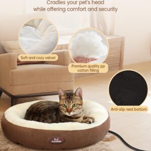 clawsable Heated Cat Bed for Small Medium Size Cats, Super Soft Round Heated Pet Bed with Warming Temperature Cat Bed for Indoor Cats, Electric Cat Heating Bed for Kittens (Beige+Brown)