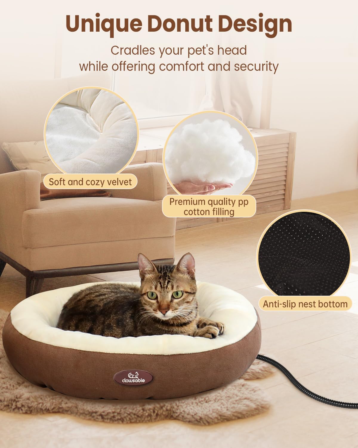 clawsable Heated Cat Bed for Small Medium Size Cats, Super Soft Round Heated Pet Bed with Warming Temperature Cat Bed for Indoor Cats, Electric Cat Heating Bed for Kittens (Beige+Brown)