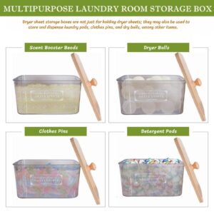 Dryer Sheet Holder with Bamboo Lid,Acrylic Laundry Clear Dryer Sheets Dispenser Container Box for Laundry Room Organization and Storage Holds Sheets, Balls, Clothes Pins, Laundry Pods(1 Pcs, 2 Labels)